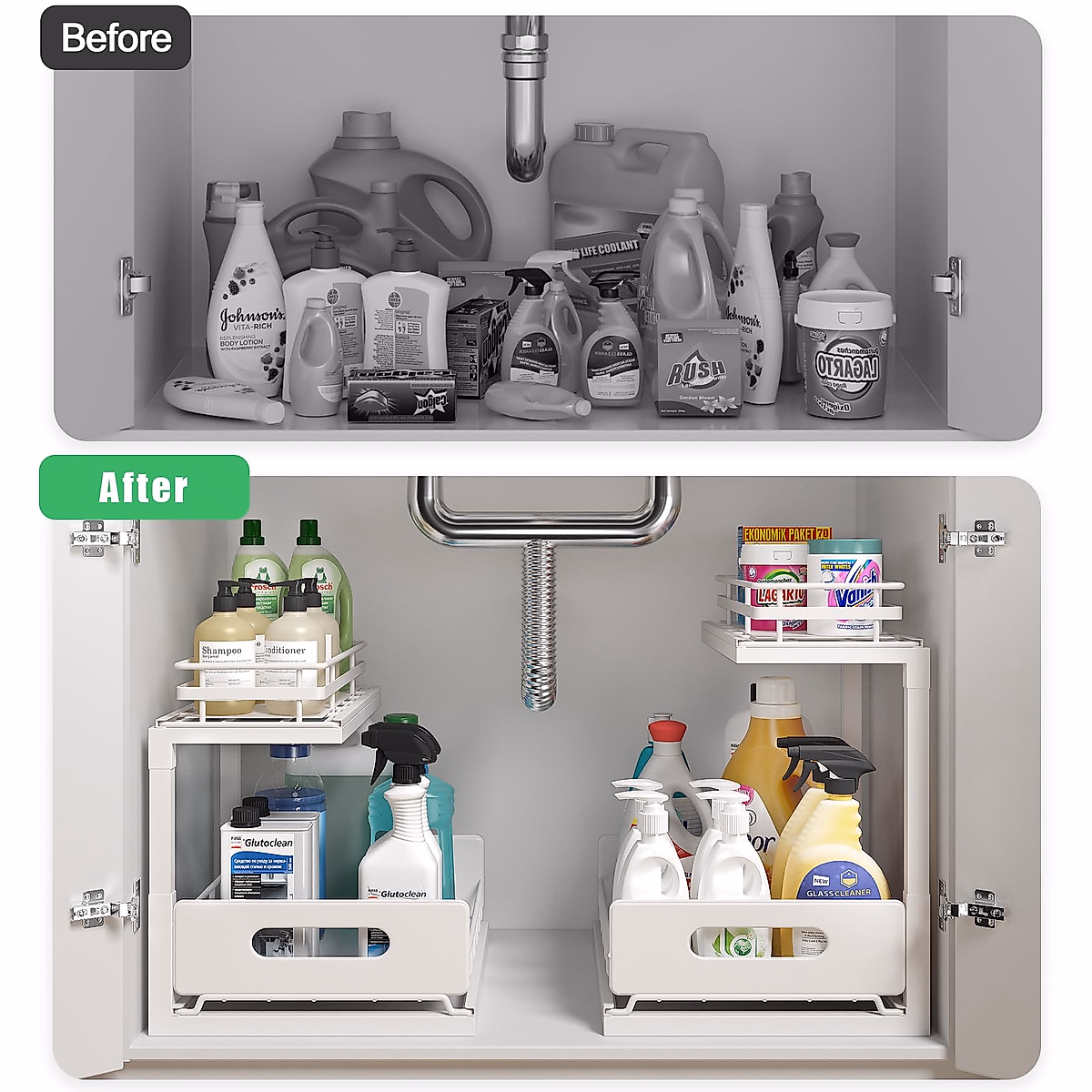 Biboraya 2 Pack Under Sink Organizers And Storage Height Adjustable,2-Tier Under Cabinet Pull Out Shelf,Multi-Use Slide Out Drawer For Kitchen Bathroom Laundry Room-White(Patent Pending)