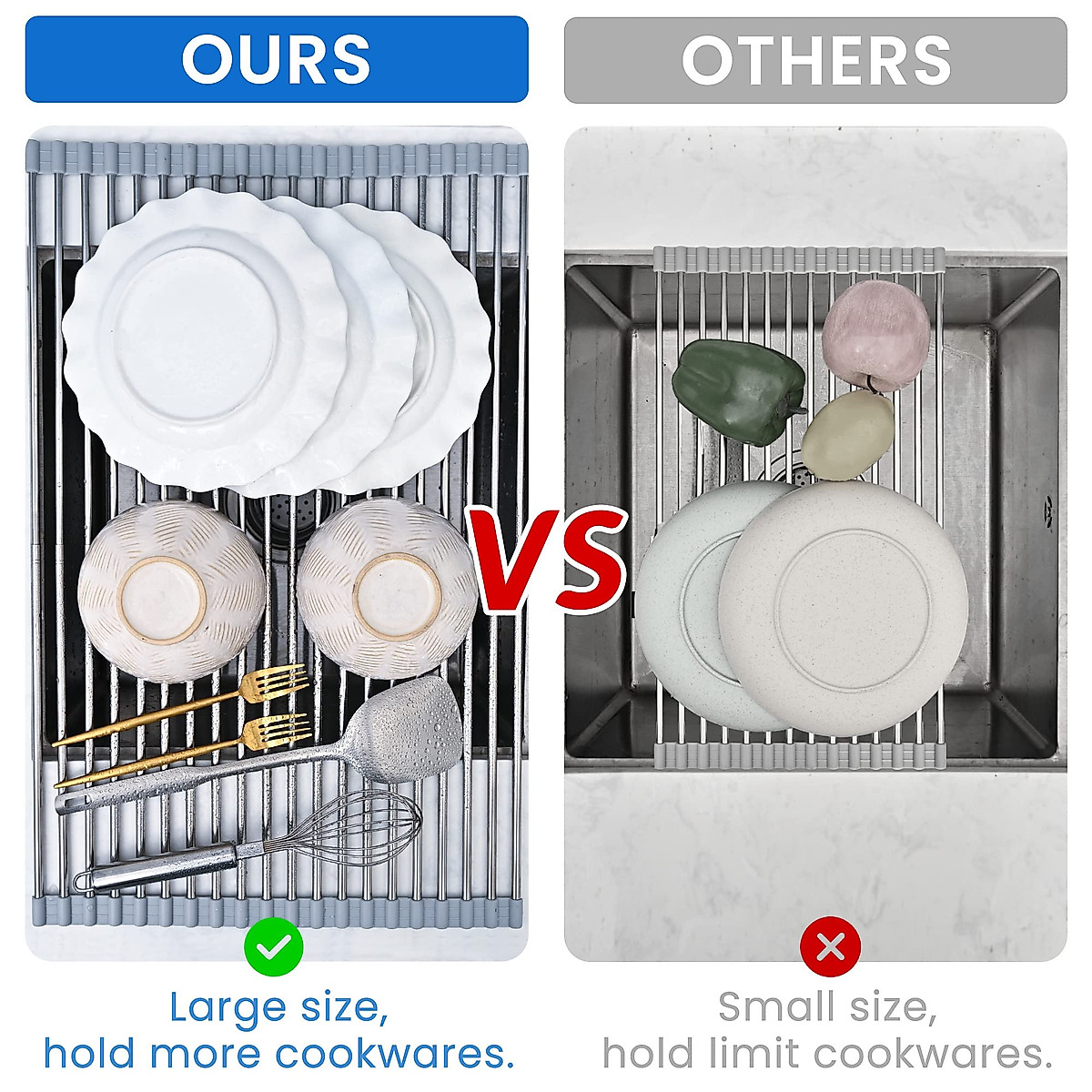 romise Adjustable Roll Up Dish Drying Rack for 10" - 20" Kitchen Sinks, Foldable Over The Sink Dish Drying Rack, Portable Stainless Steel Rolling Rack Dish Drainer Sink Rack Mat Trivet, Gray