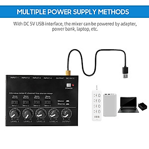 Btuty Ultra Low Noise 4 Channel Line Stereo Mixer 4 Input 1 Output DC 5V Portable Mini Audio Mixer Microphone Guitar Bass Keyboard Mixers for Club Bar Stage Studio