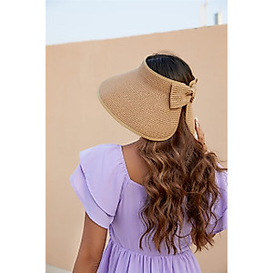 Women Sun Visor Fordable Wide Brim Summer Straw Hat Roll up Adjustable Beach Hat with Bowtie