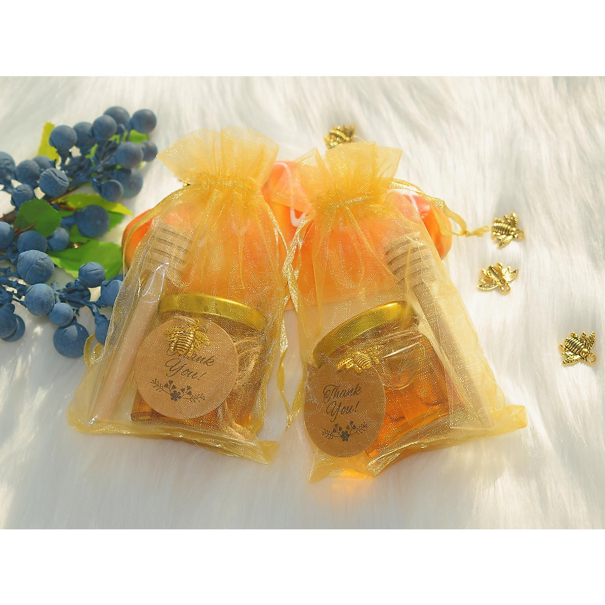 IIKUM 40 Pack 1.5 oz Hexagon Mini Glass Honey Jars with Wooden Dippers, Gold Lids, Bee Pendants, Golden Gift Bags, Thank You Cards, Jutes - Perfect for Baby Shower, Wedding Favors and Party Favors