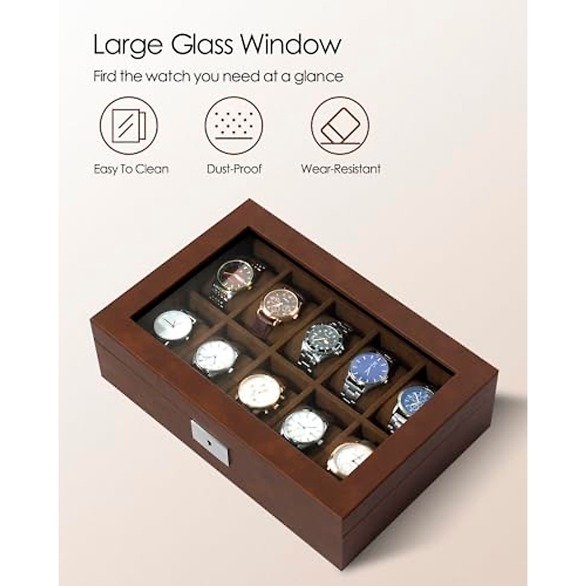 GUKA Watch Box, Luxury 10 Slot Watch Case with 55MM Wide Velvet Pillows, Watch Organizer Storage with Real Glass Lid, Watch Display Case for Men and Women Gift, Brown