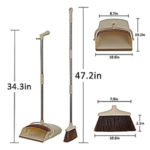 Broom and Dustpan Set Upright Self-Cleaning Sweeping Standing Set Use for Office Kitchen Home and Lobby Broom and Dustpan Combo (Beige)