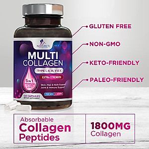 Collagen Peptides for Women & Men - Type I, II, III, V, X Multi Collagen Pills, Hydrolyzed Collagen Peptides Supplements, Nature's Hair, Skin, Nail, and Joint Support Supplement, Non-GMO, 120 Capsules