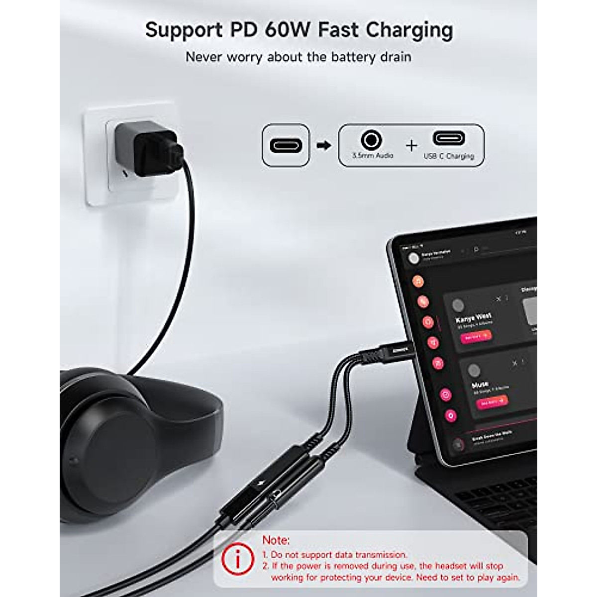 ZOOAUX USB C to 3.5mm Headphone and Charger Adapter,2 in 1 USB C to Aux Audio Jack with PD 60W Fast Charging Dongle Cable Cord,Compatible with S22/S21/S20/S20+ Ultra, Note 20/10,Pixel 4/3 XL(Black)