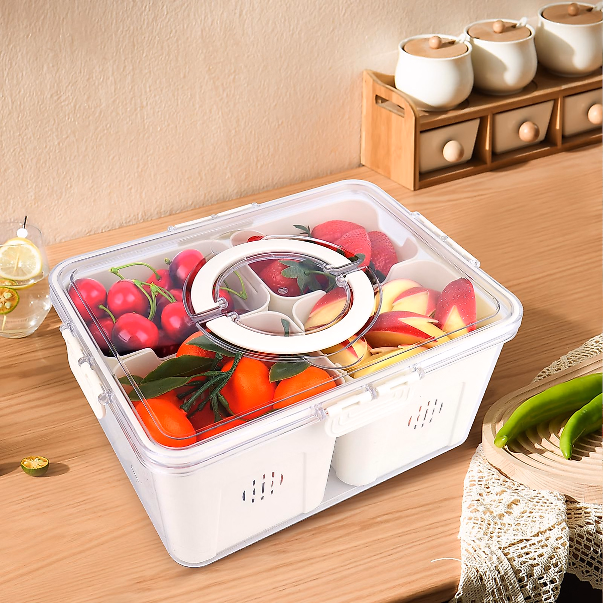 Airtight Fruit Storage Containers for Fridge: 4 Compartment Large Food Storage Container with Lids & Handle & Removable Drain Tray - Berry Fruit Vegetable Fresh Produce Saver for Travel Picnic
