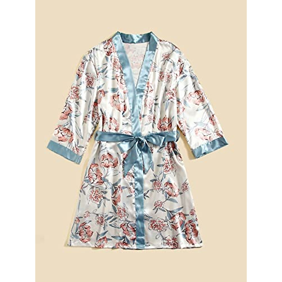 MakeMeChic Women's 5 Piece Sleepwear Floral Satin Cami Pajama Set Silk Nightgown with Robe Blue L