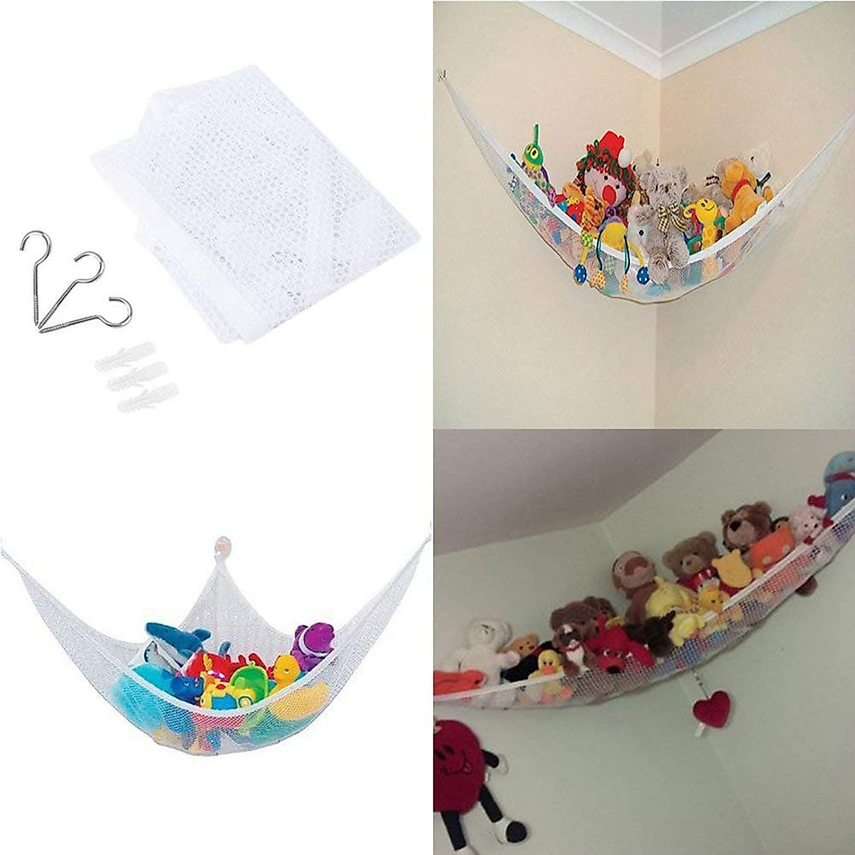 Stuffed Animal Toys Hammock Hanging Stuff Animals Storage Organizer with Decorative Tassels Corner Large Capability Plush Toys Net Holder for Nursery Playroom Kid's Room Bedroom L