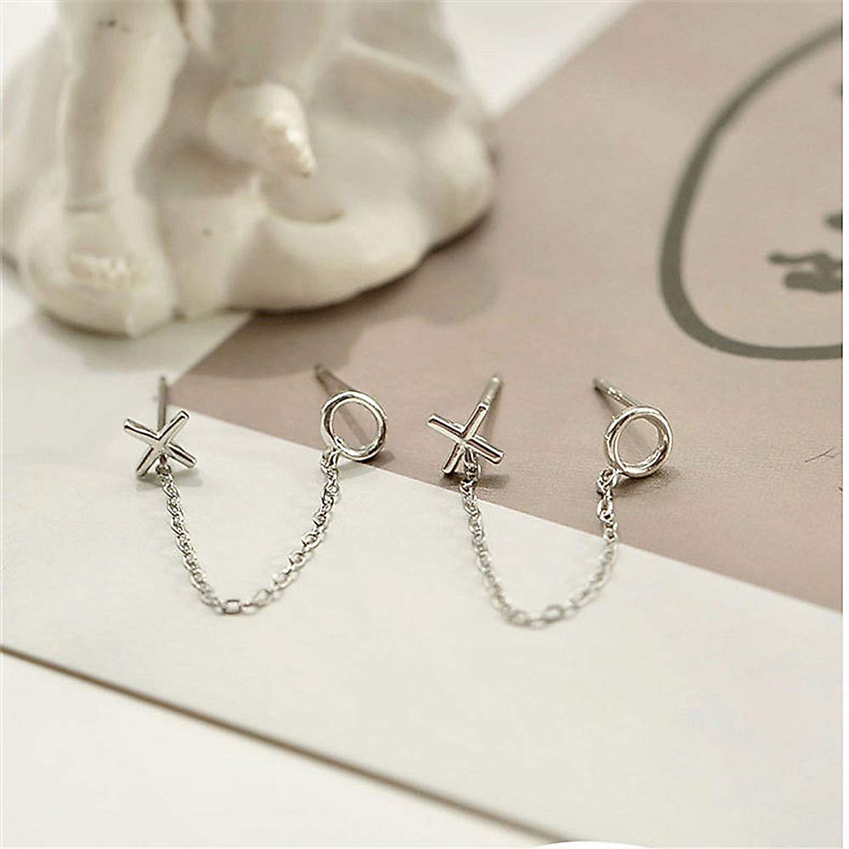 Tassel Symbol Chain Drop Dangle Stud Earrings for Women 925 Sterling Silver Double Piercing Female Gender Sign Studs Crawler Climber Letter X O Post Fashion Personalized Jewelry Unique Gift