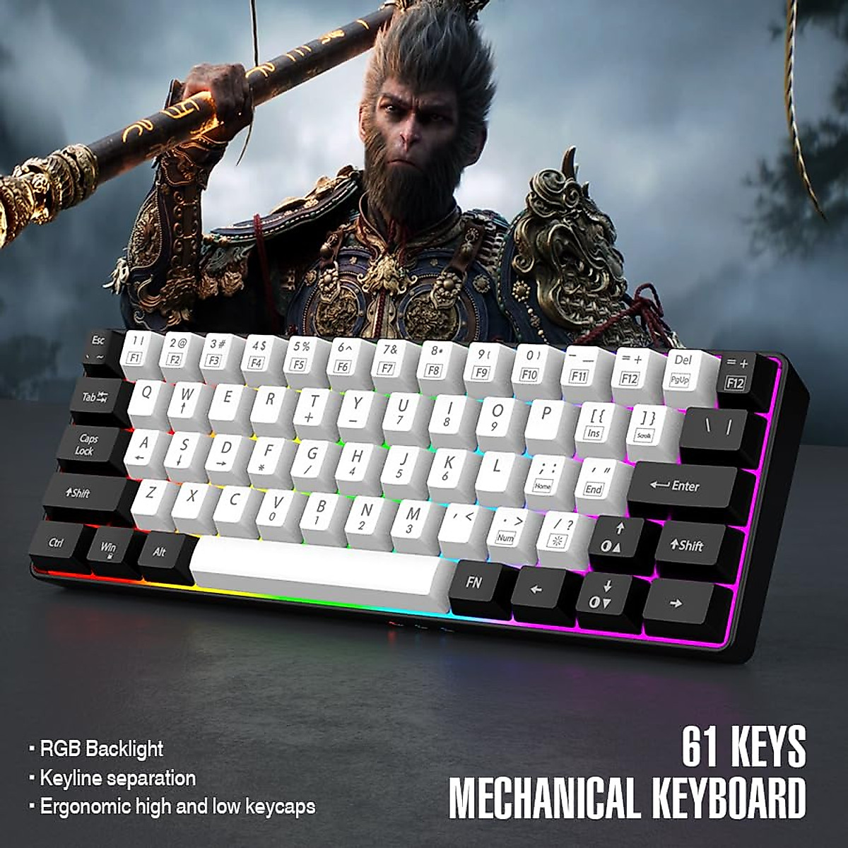 CTBTBESE 60% Wired Gaming Keyboard, RGB Backlit Mini Keyboard, Waterproof Small Ultra-Compact 61 Keys Keyboard for PC/Mac Gamer, Typist, Travel, Easy to Carry on Business Trip(Black-White)
