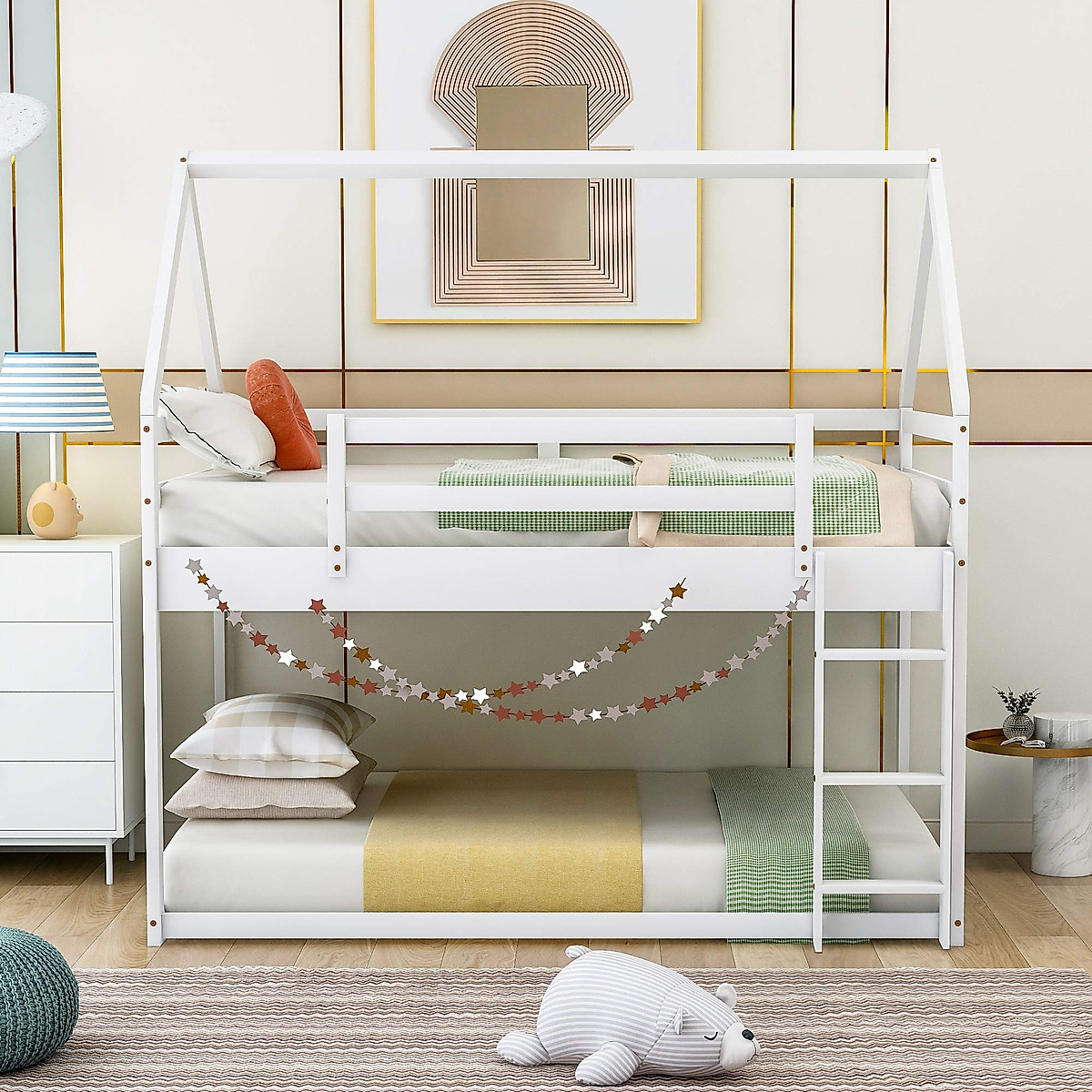 Twin Over Twin House Bunk Bed, Wood Montessori Floor Bunk Bed Frame with Ladder, Low Bunk Beds with Roof for Kids, Teens, Girls, Boys, White