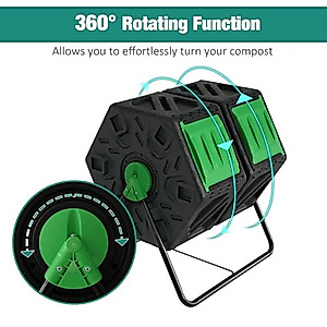 TRY & DO Outdoor Dual Chamber Compost Tumbler – Large Garden Tumbling Composter with 2 Sliding Doors and Lockable Brake - Rotating Compost Bin - 34.4 Gallon (2-17.2 Gal)