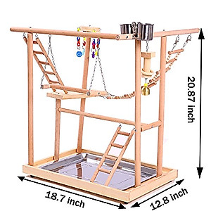 QBLEEV Wood Parrot Playground Perches with Swing,Birds Chewing Climbing Ladder Toys, Bird Training Play Stands Feer Cups for Parakeets Conures Cockatiel Lovebirds (18.7" L *12.8" W *20.87" H)