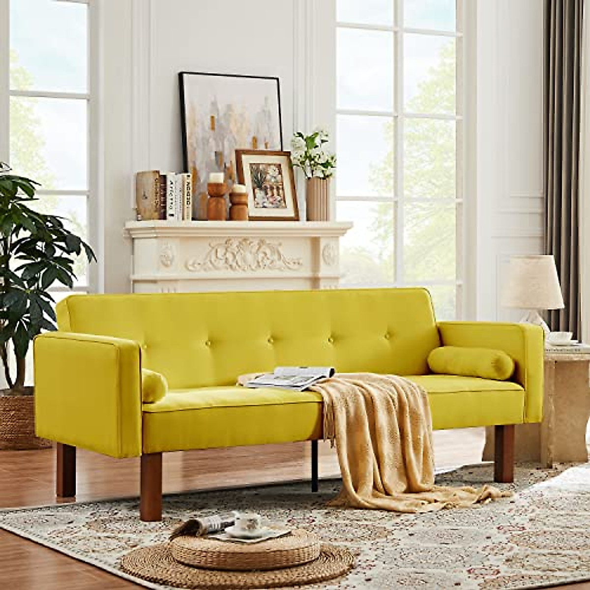 MWrouqfur Modern Fabric Sofa Bed Futon,Convertible Sleeper Loveseat with 2 Pillows and Armrests,75" Folding Recliner Couch Bed with Solid Wood Legs for Living Room Apartments Office (Yellow)