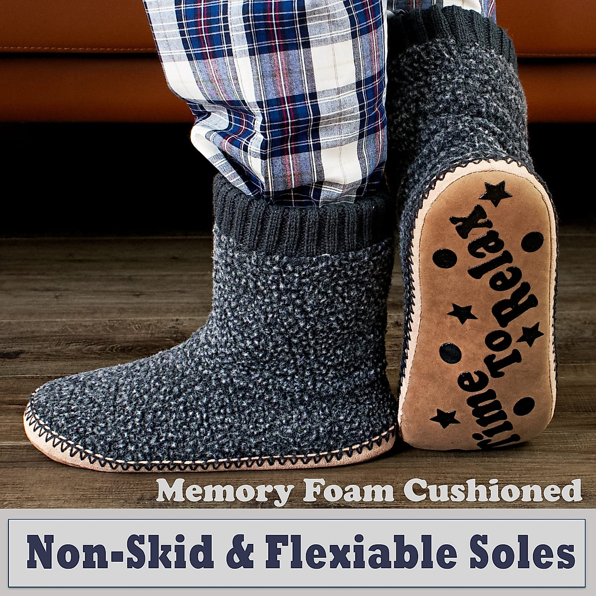 Men's Warm Up House Boots, Thick Fuzzy Sherpa Fleece Winter Moccasin Socks Non-slip Soles, Cozy Soft Comfy Indoor Shoes Rubber Grippers