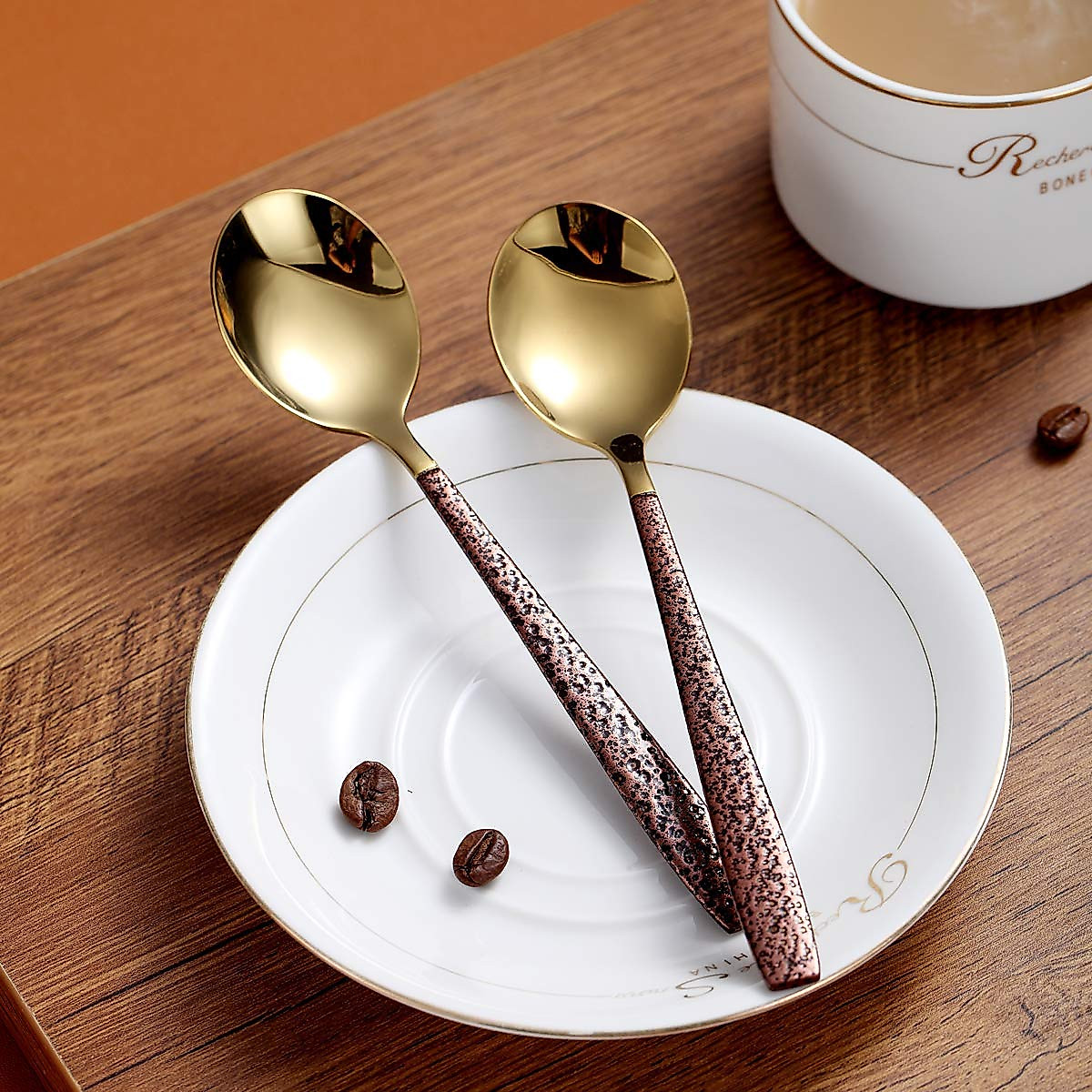 Berglander Tea Spoon Set Of 4 With Moon Surface Handle And Shiny Gold Head, Stainless Steel Teaspoons Tea Spoons Silverware Set Small Spoons Coffee Spoons