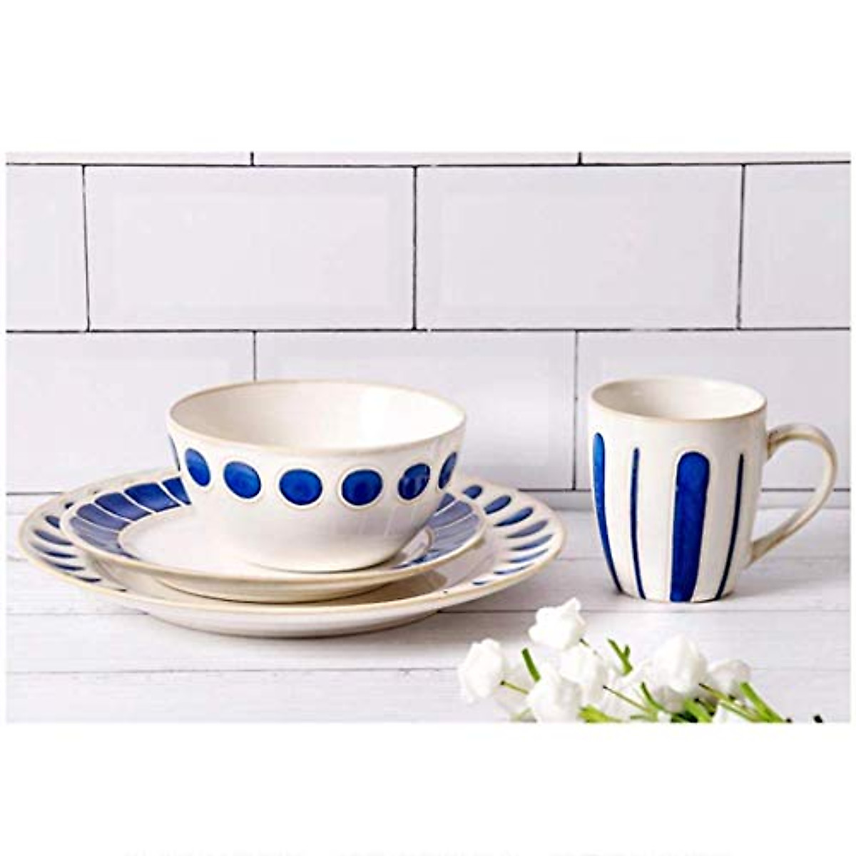 GagalU Tabletop Dinner SetsFine Dinnerware Set,4 Pieces Blue White Ceramic Dinner Set Porcelain Mug Plate Bowl Lead-Free Tableware