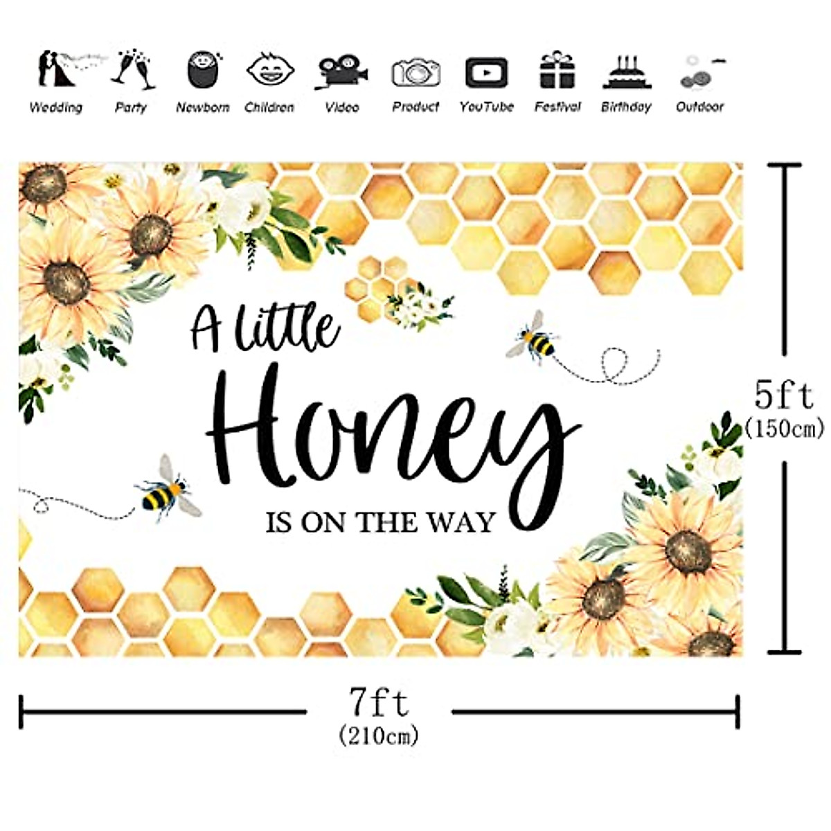 Aperturee 7x5ft Honey Baby Shower Backdrop a Little is on The Way Sunflower Sweet Honeybee Photography Background Gender Reveal Party Decoration Photo Booth Studio Props Cake Table Banner, multicolor