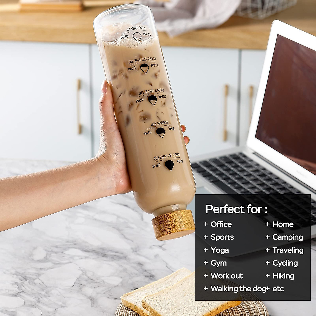 ZEBEIYU 32oz Glass Water Bottle,Borosilicate Glass Drinking Bottles with Time Marker,Bamboo lids,Felt Sleeve,Dishwasher Safe,Reusable,Leak-Proof,BPA Free for Office,Sports,Gym,Travel (Pack1)