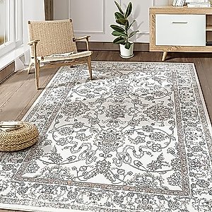 Area Rug Living Room Rugs - 5x7 Machine Washable Soft Farmhouse Boho Moroccan Floral Thin Rug Indoor Floor Carpet for Bedroom Under Dining Table Home Office Decor - Brown