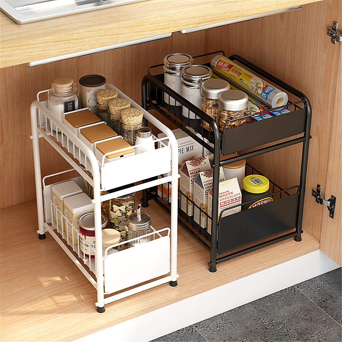 LEAYAN Under Sink Storage 2 Tier Pull Out Organizer,Under Sink Organizer,Sliding Cabinet Basket Organizer Drawer for Kitchen,Under Organizer for Countertop, White 36x28x40cm Under Sink Rack Shelf
