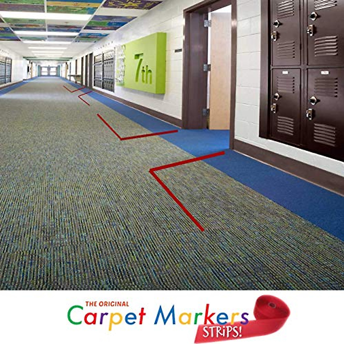 Extra Wide!! RED (2 INCH x 25 FEET) Original Carpet Markers Strips by Abaco Brands | Social Distancing | OKEO-TEK Certified Safe for Kids + Environment | Spots Sit Classroom Teachers Student School