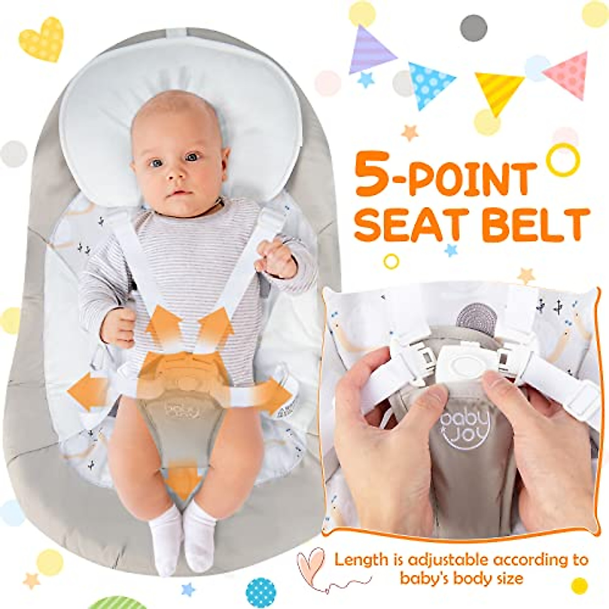 BABY JOY Baby Swings for Infants, Portable Rocker w/ 5 Swing Speeds, 3-Position Adjustable Backrest, 3 Timer Settings, 12 Melodies and 5 Natural Sounds, Compact Swing Chair for Toddlers (Beige)