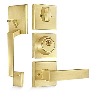 Felibat Front Door Handle,Satin Brass Front Door Lock Set with Single Cylinder Deadbolt and Door Lever,Entry Door Locksets
