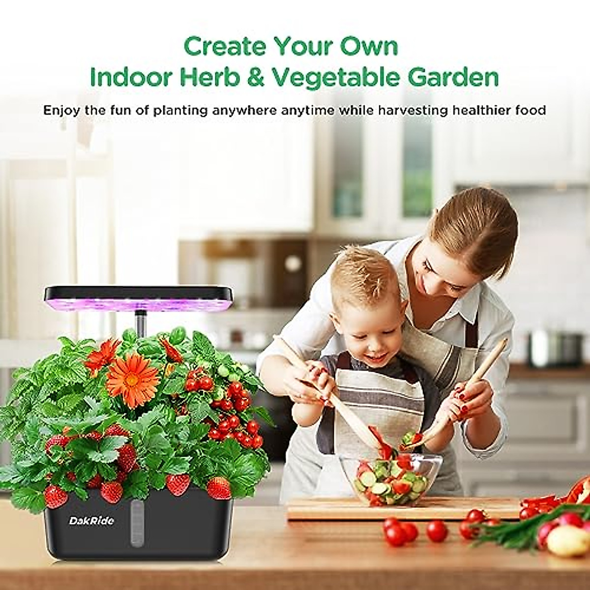 DakRide Mini Hydroponics Growing System, Indoor Herb Garden System with LED Grow Light, Plants Germination Kit with Automatic Timer, Quiet Water Pump, Height Adjustable for Family, 8 Pods