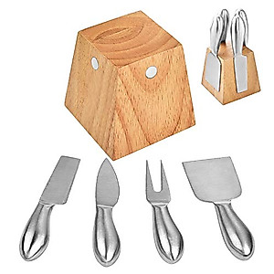 Stainless Steel Cheese Knife Set with Stand, Set of 4 Pieces Cheese Knives Spreader Slicer Shaver Fork with Wood Holder,Cheese Cutter Set with Magnetic Knife Block for Charcuterie Board (Type 3)