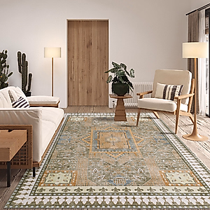 HOMBYS 9x12ft Vintage Area Rug for Living Room Bedroom, Large Boho Non-Slip Floor Carpet for Indoor Office Dining Room, Traditional Home Deco, Khaki, Machine Washable