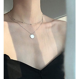 Layered Disc Pendant Choker Necklace for Women 925 Sterling Silver 18K Gold Dainty Full Moon Circle Coin Collar Two-Double Chain Fashion Y Jewelry Best Box Birthday Wedding (silver)
