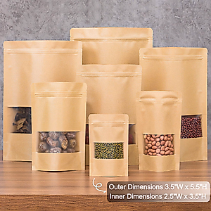 Kingrol 300 Pack 3.5 x 5.5 Inch Mini Kraft Paper Bags with Resealable Lock Seal Zipper &Transparent Window, Stand Up Food Bags