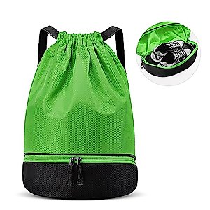Qoosea Drawstring Backpack Sports Gym Bag with Shoe Compartment Water Resistant Drawstring Sackpack for Women Men (Green)