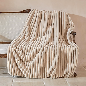 Amélie Home Soft Faux Fur Throw Blanket for Couch, Warm Luxurious Faux Rabbit Fur Striped Throw Blanket, Cozy Fluffy Plush Fur Blanket for Sofa Chair Bed Living Room, Beige, 50"x 70"