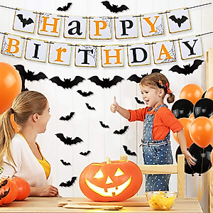Halloween Birthday Party Decorations, Orange Black Latex Balloons Happy Birthday Banner 32pcs Black Vampire Bats for Kids Halloween Theme Birthday Party Supplies Kit