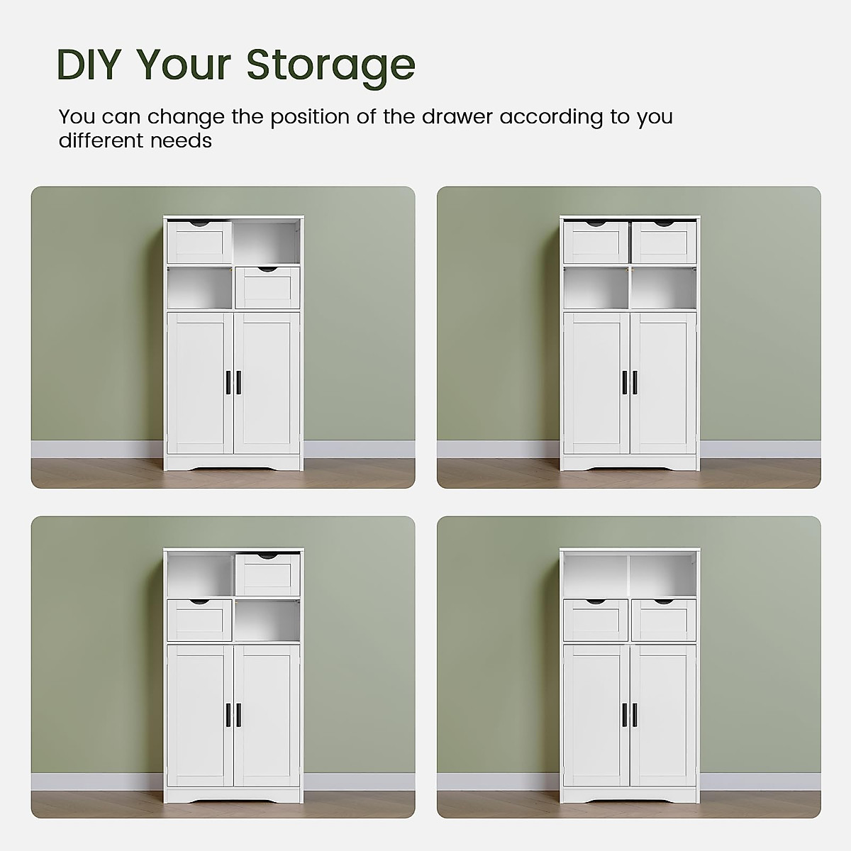 Iwell Storage Cabinet, Bathroom Cabinet with 2 Drawers & Adjustable Shelves, Bathroom Storage Cabinet with Doors for Living Room, Kitchen, Home Office, White