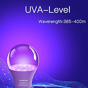 Gonhom 2 Pack A19 LED Black Light Bulbs,Dimmable 9W Blacklight Bulb(100W Equivalent), E26 Base 110V, UVA Level 385-400nm, Glow in The Dark for Black Lights Party, Body Paint, Neon Glow, Art Posters