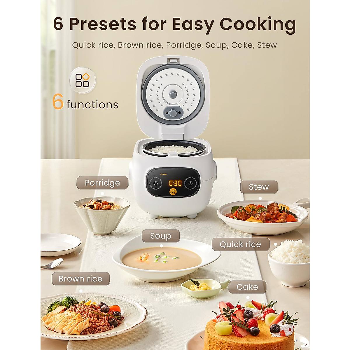 COMFEE' Mini Rice Cooker 4 Cups Cooked/2 Cups Uncooked, Portable Non-Stick rice maker, 24 hours Timer Delay, 6 Functions, Fast Cooker, Brown Rice, Oatmeal, White