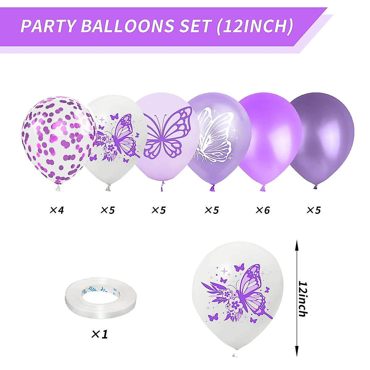 Butterfly Balloons, 12 Inches Butterfly Print Purple and White Latex Balloons Butterfly Patterns for Girls Women Weeding Baby Shower Birthday Party Decorations Activities Graduation