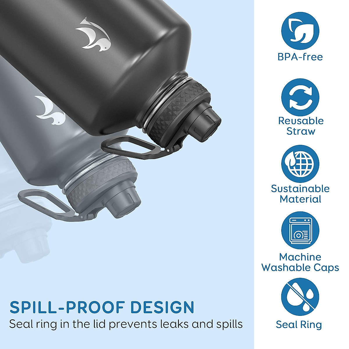 Coolflask Gallon Water Bottle Insulated with Straw&3 Lids, 128 oz Water Jug Large Stainless Steel Metal Vacuum Wide Mouth for Sports, Gym or Office, Non-BPA Keep Cold 48H Hot 24H, Magic Black