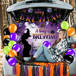 Halloween Baby Shower Decorations, A Baby is Brewing Gender Reveal Trunk or Treat Car Decorations Kit for SUV with Backdrop Banner Hanging Swirl Balloon for Halloween Baby Brewing Party Supplies Decor