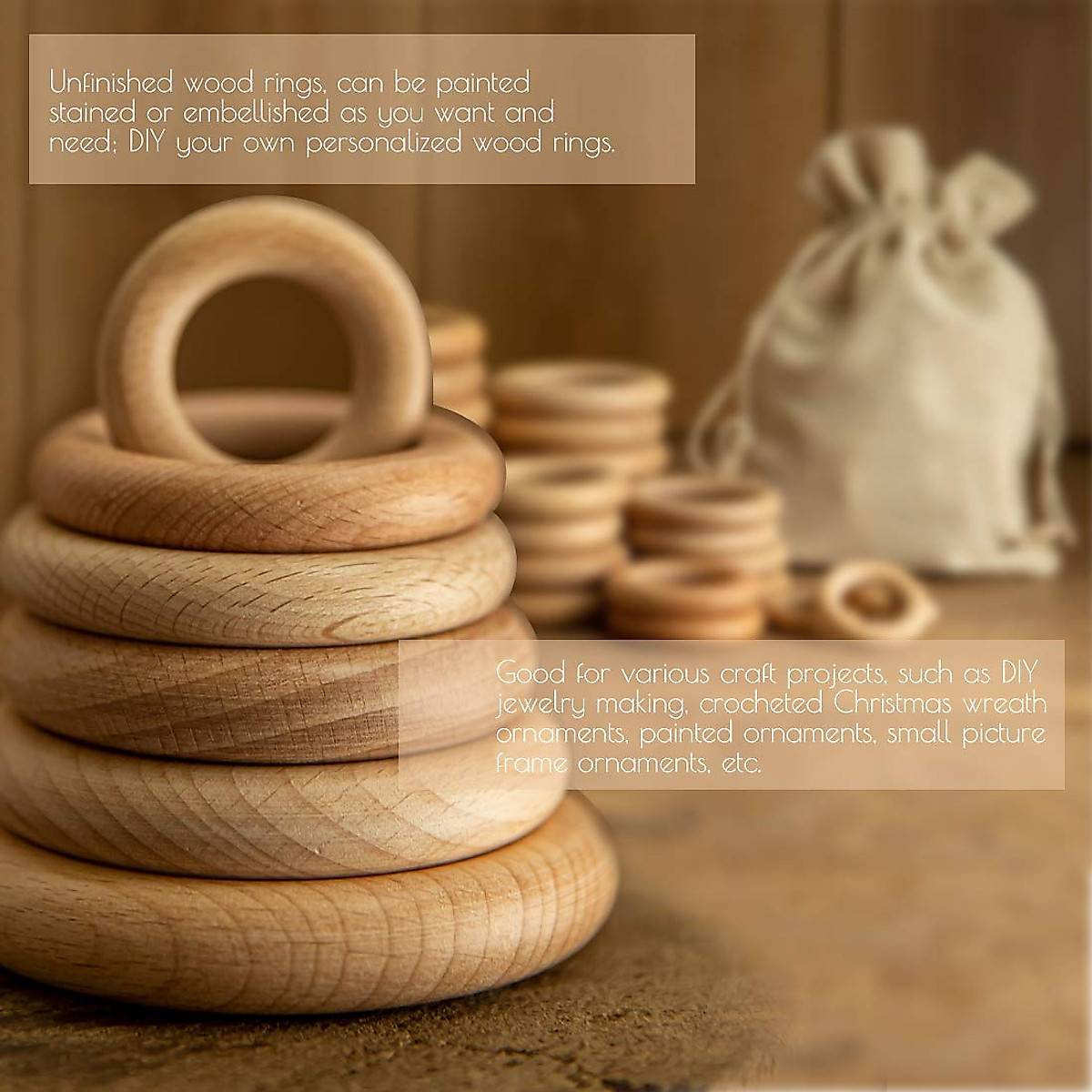 bopoobo Wooden Rings Natural Beech for Craft, Unfinished Wood Ring Circle Rings for DIY Baby Teething Toys, Baby Wooden Teether Accessories, Pendant Connector (10 Pcs, 55 mm)
