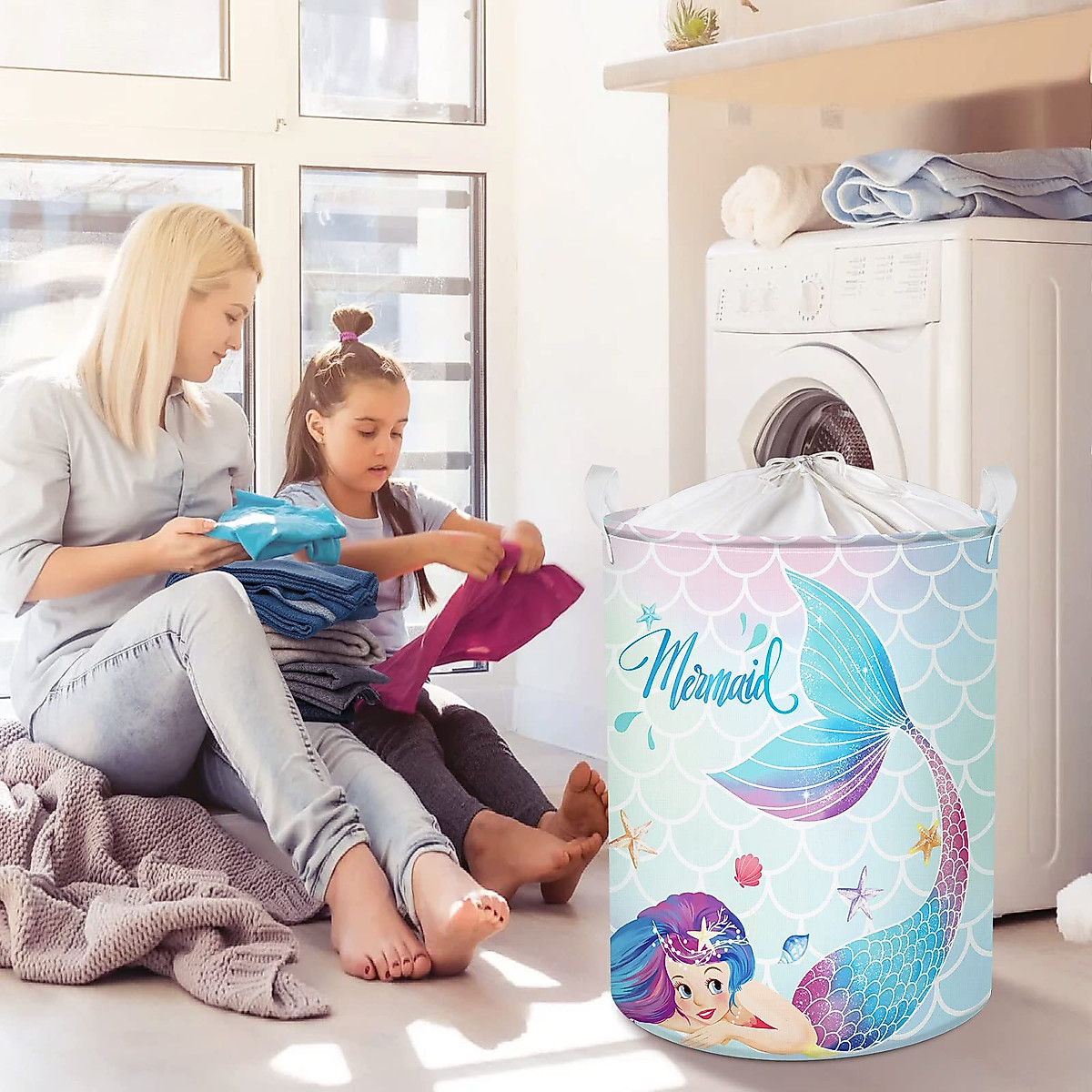 Clastyle 45L Colorful Mermaid Blue Girls Laundry Hamper Starfish Seashells Round Toy Clothes Storage Basket for Kids Room, 14.2x17.7 in