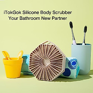 iTokGok® 2 in 1 Silicone Body Scrubber, Dual-Sided Design Body Brush Silicone Body Scrubber Exfoliating Body Brushes for Sensitive Skin for Showering, Lathers Well - Sand Pink