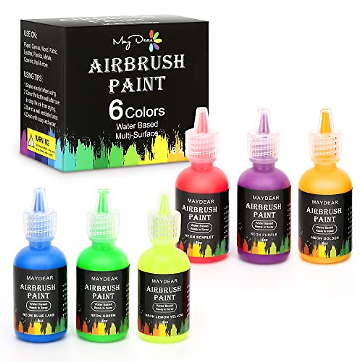 Maydear Airbrush Paint, Professional 6 Colors Acrylic Airbrush Paint Set,Premium Halloween Airbrush Paint Kit for Beginners, Students and Artists -UV