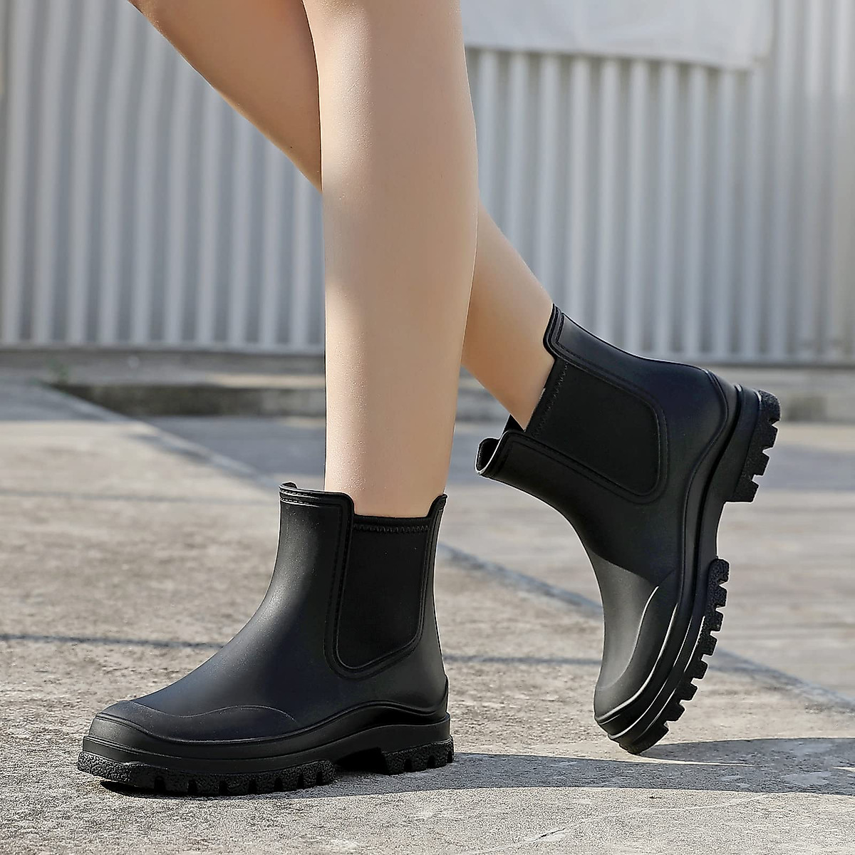 Hsttgsr Women's Rain Boots, Comfortable Elastic Adult Ankle Booties, Fashion Mid Heel Chelsea Boots, Waterproof Non-Slip Chunky Platform Lug Sole Short Garden Boots