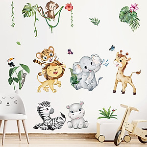 decalmile Jungle Animals Wall Decals Elephant Lion Giraffe Safari Wall Stickers Baby Nursery Kids Room Living Room Wall Decor