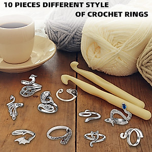 DEPAADER 10 Pcs Crochet Ring - Adjustable Crochet Ring Finger Yarn Guide Knitting Tension Rings for Crocheting Cat Snake Yarn Ring for Women