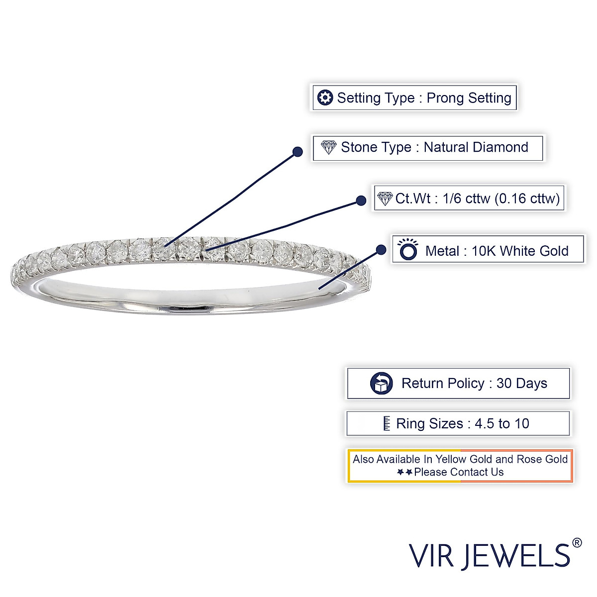 Vir Jewels 1/6 cttw Pave Round Diamond Wedding Band for Women in 10K White Gold Prong Set, Size 6